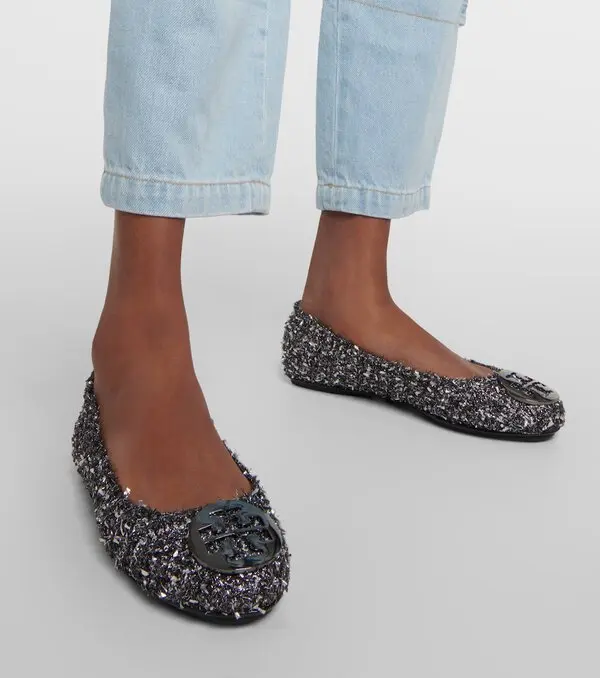 Tory Burch Minnie Travel Embellished Ballet Flats - Silver