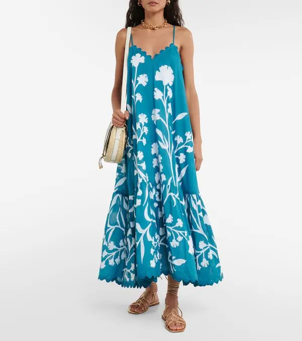 Juliet Dunn Floral Scalloped Cotton Maxi Dress In Blue - 30% Off |  Editorialist