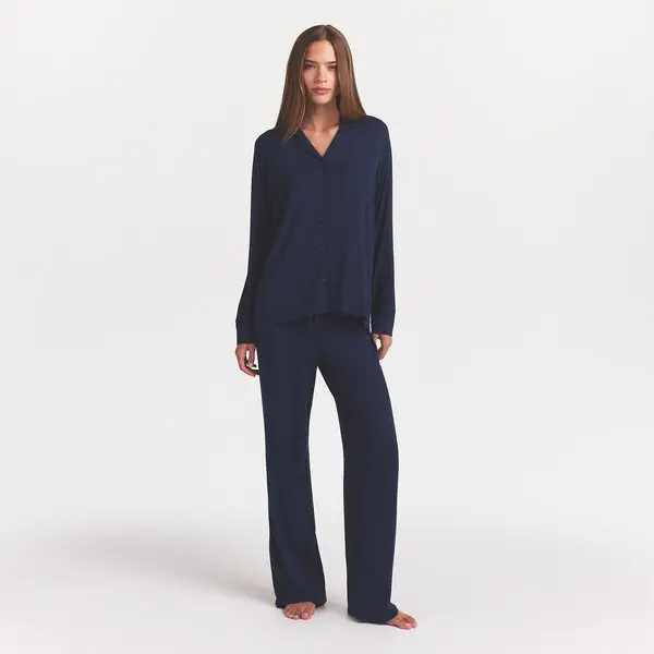 SKIMS Sleep Long Sleeve Button Up Set | Blue - Navy