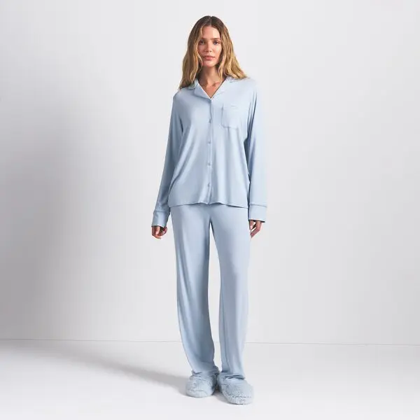 SKIMS Sleep Long Sleeve Button Up Set - Zen Blue