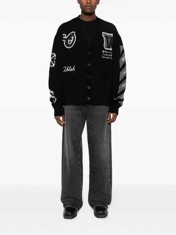 Off-White Intarsia-knit Wool-blend Cardigan - Black