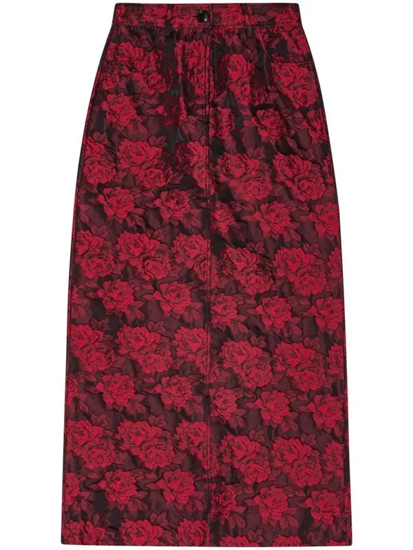 GANNI Botanical-print Jacquard Maxi Skirt - Red