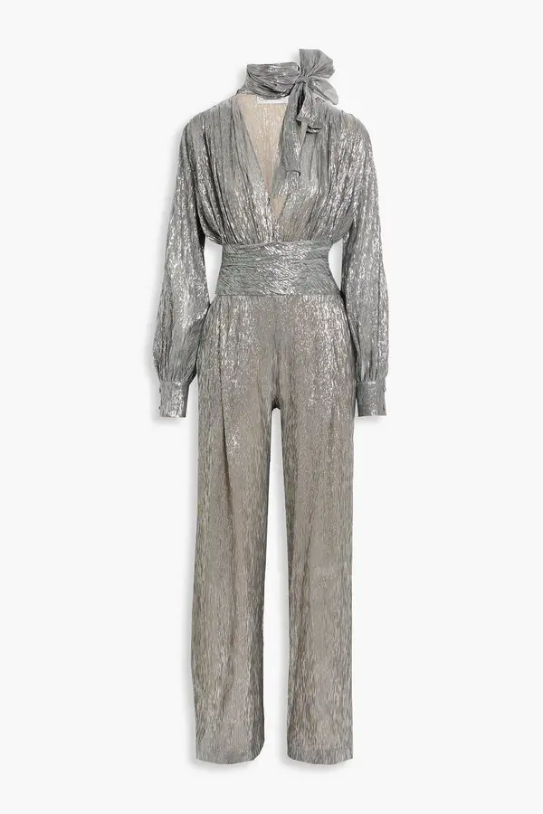 Oscar De La Renta Gathered Metallic Silk-blend Jumpsuit - Silver