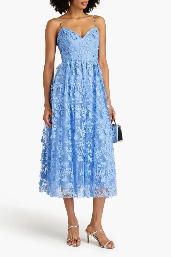 Monique Lhuillier Gathered Guipure Lace Midi Dress In Light Blue - 80% Off  | Editorialist