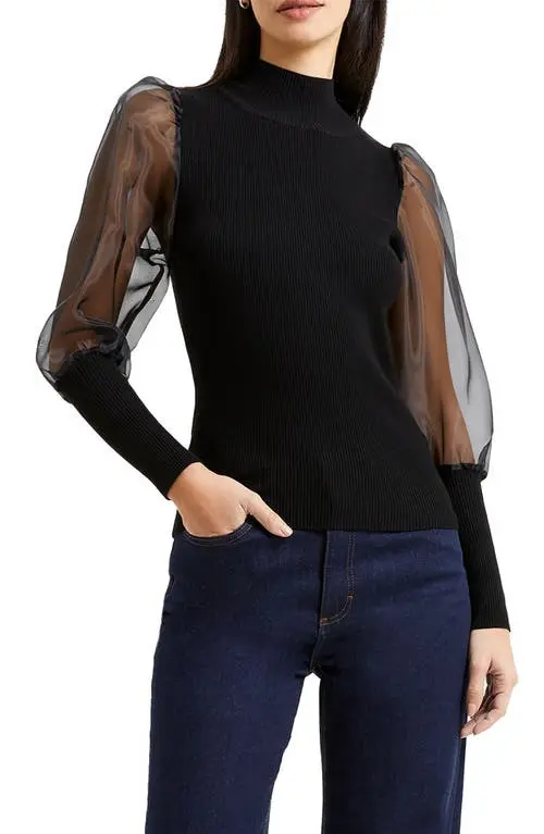 French Connection Krista Organza Sleeve Mock Neck Ribbed Sweater