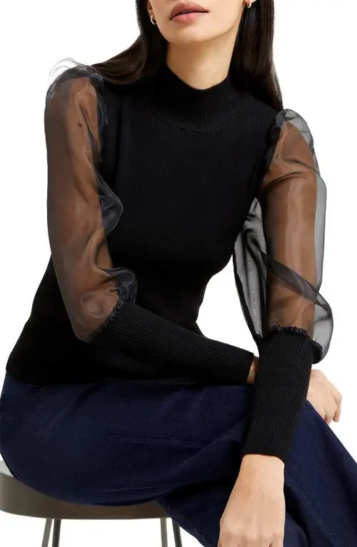 French Connection Krista Organza Sleeve Mock Neck Ribbed Sweater