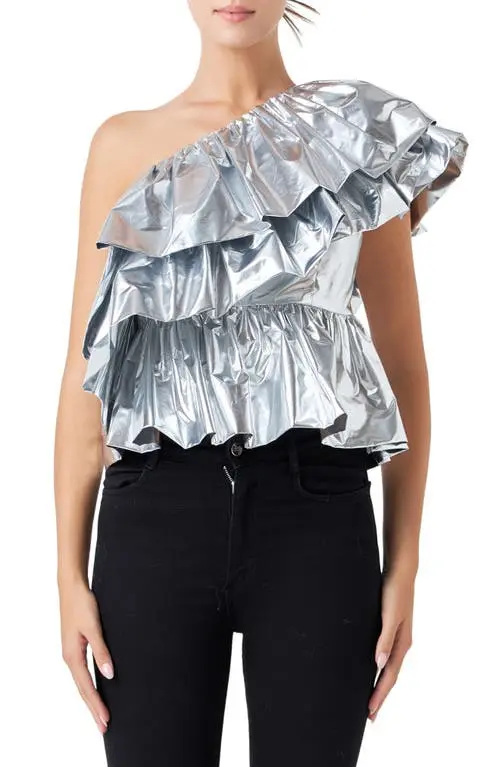 Endless Rose Metallic Tiered One-shoulder Top
