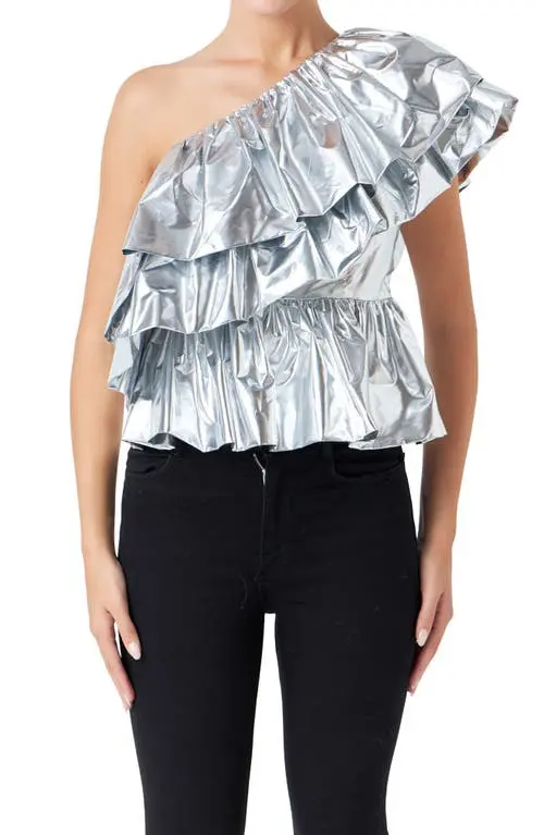 Endless Rose Metallic Tiered One-shoulder Top