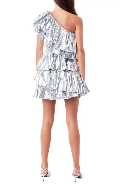 Endless Rose One-shoulder Metallic Tiered Mini Dress