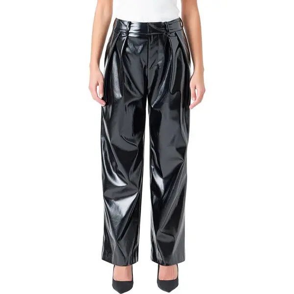 GREY LAB Pleated Faux Patent Leather Trousers