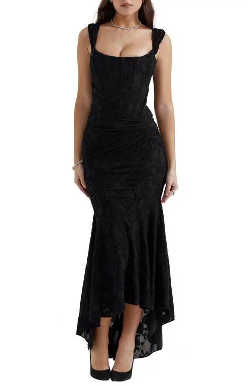 House Of Cb Cesca Floral Ruched High-low Dress - Black