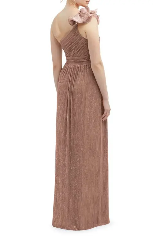 After Six Ruffle One-shoulder Metallic Gown