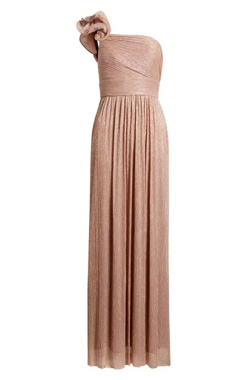After Six Ruffle One-shoulder Metallic Gown