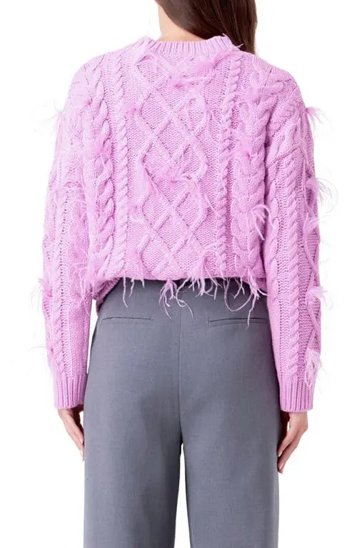 Endless Rose Feather Trim Cable Knit Sweater