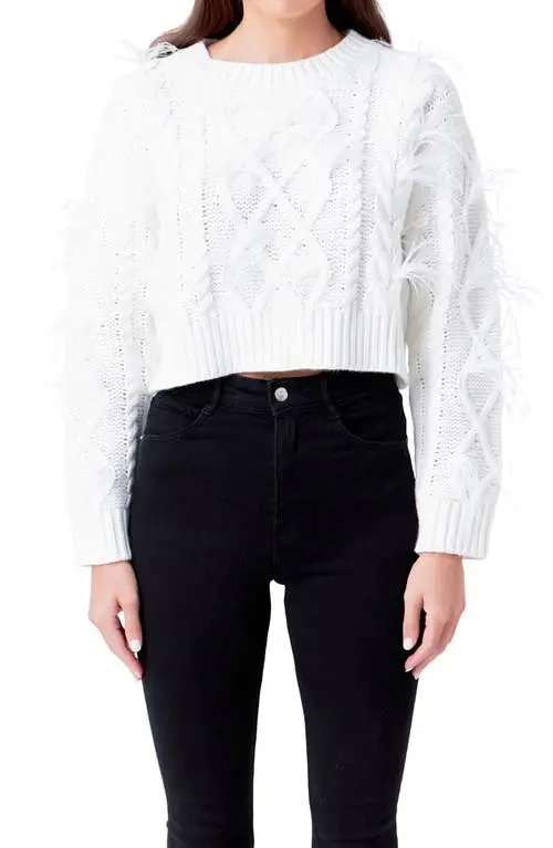 Endless Rose Feather Trim Cable-stitched Crop Sweater