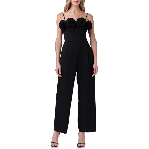 Endless Rose Rosette Trim Wide Leg Jumpsuit - Black