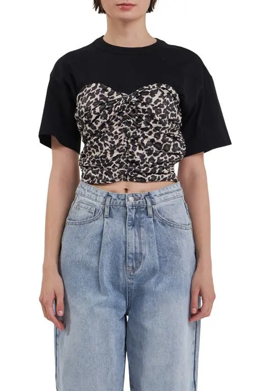 GREY LAB Leopard Smocked Crop T-shirt