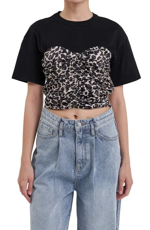 GREY LAB Leopard Smocked Crop T-shirt