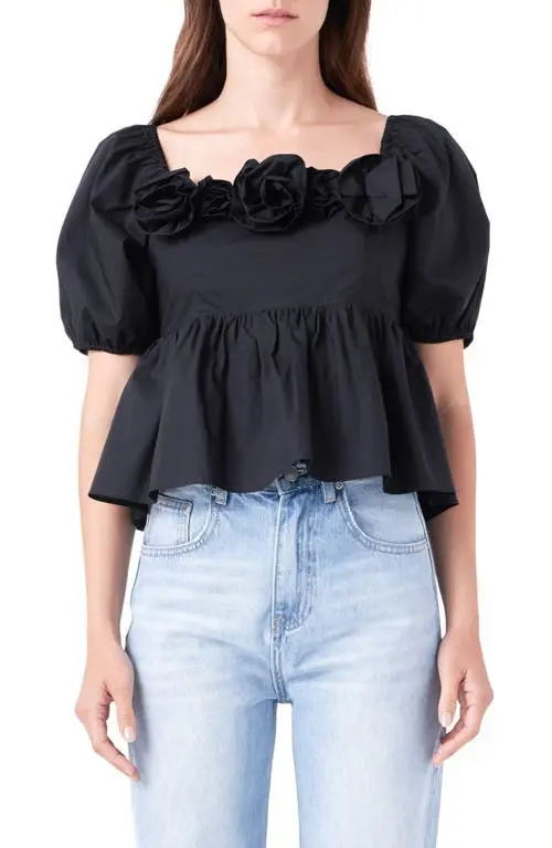 English Factory Corsage Detail Cotton Poplin Top - Black