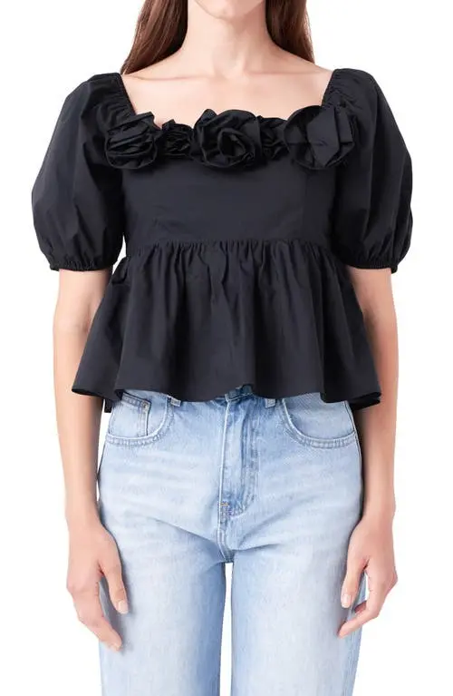 English Factory Corsage Detail Cotton Poplin Top - Black