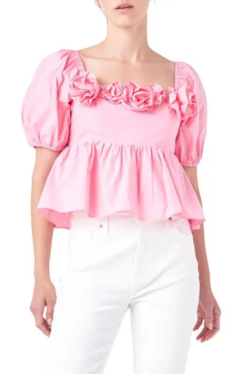 English Factory Corsage Detail Cotton Poplin Top - Pink