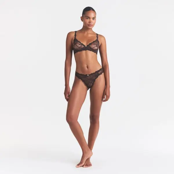 SKIMS Unlined Demi Bra | Pink | | Stretch Lace - Espresso