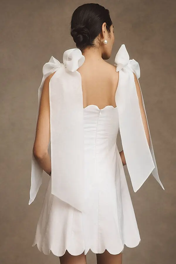 Bhldn Izzy Bow Scallop-Trim A-Line Mini Dress In White - 56% Off