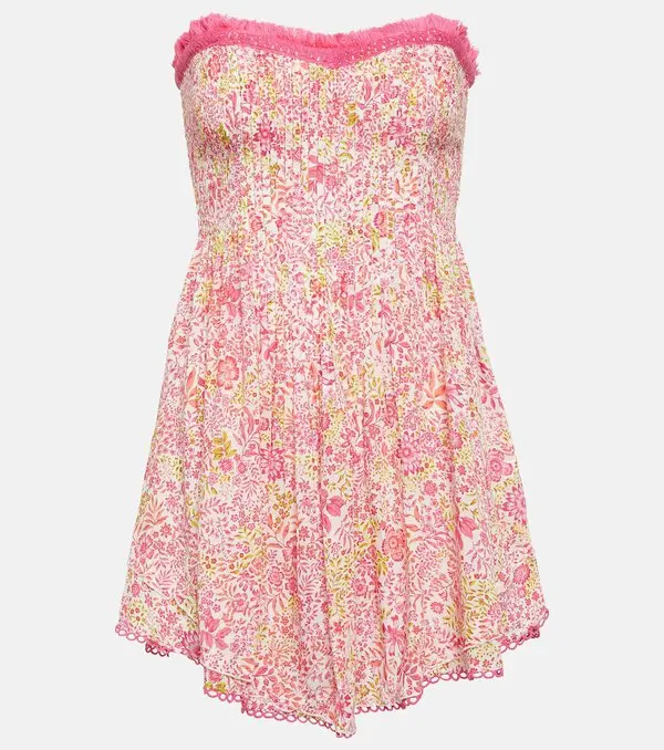 Poupette St Barth Claire Strapless Mini Dress In White Pink Nature Floral - Multicoloured