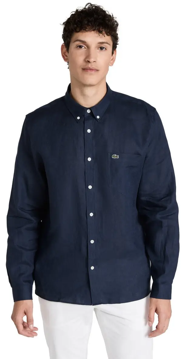 Lacoste Regular Fit Linen Casual Button Down Shirt - Navy Blue