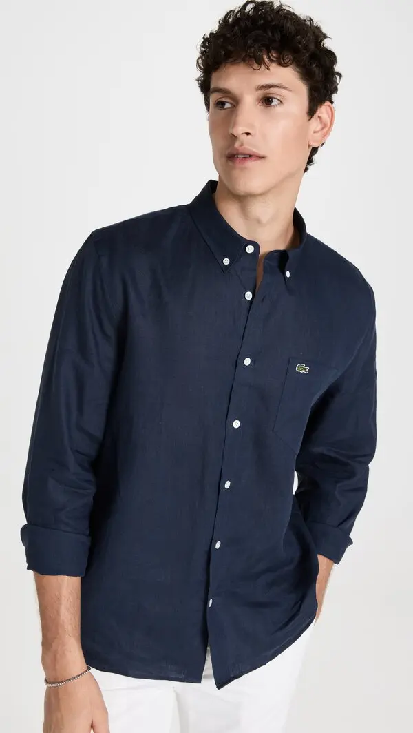 Lacoste Regular Fit Linen Casual Button Down Shirt - Navy Blue
