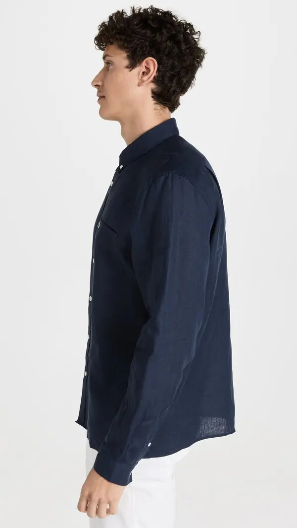 Lacoste Regular Fit Linen Casual Button Down Shirt - Navy Blue