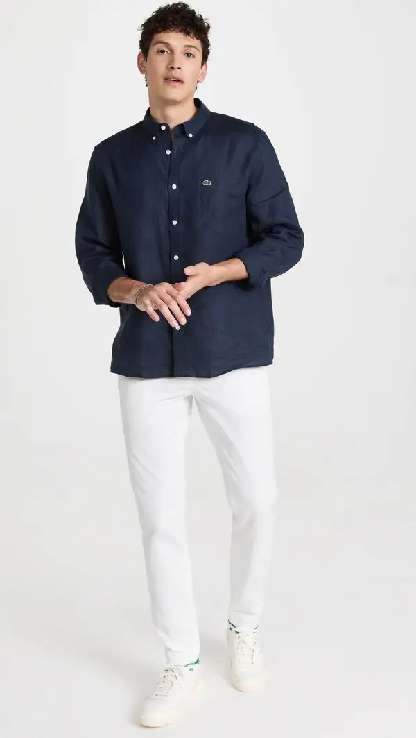 Lacoste Regular Fit Linen Casual Button Down Shirt - Navy Blue