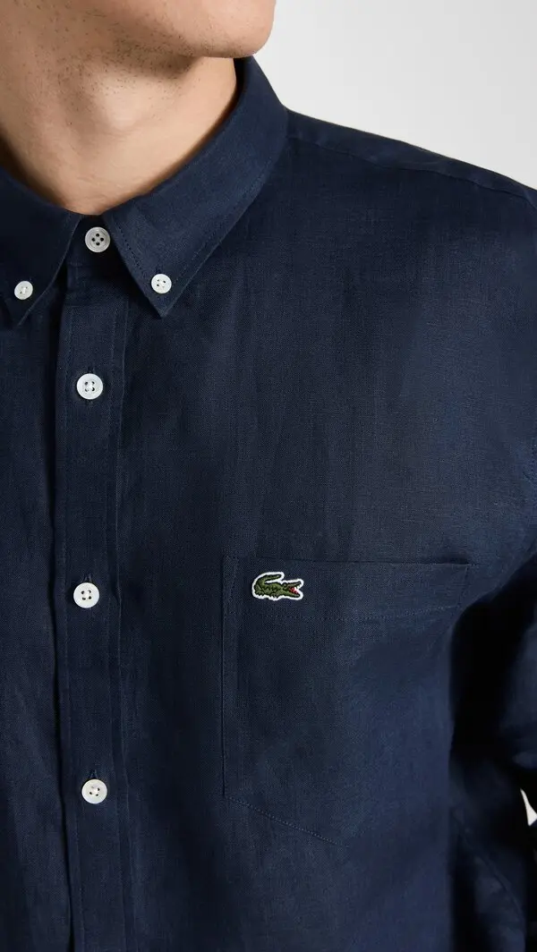 Lacoste Regular Fit Linen Casual Button Down Shirt - Navy Blue