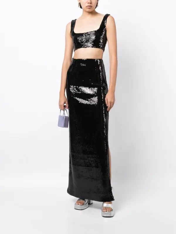 Galvan Sequin Embellished Crop Top - Black