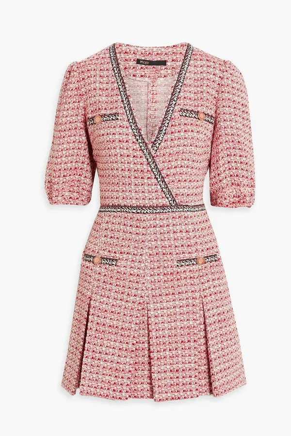 Maje Pleated Metallic Cotton Blend Tweed Mini Dress