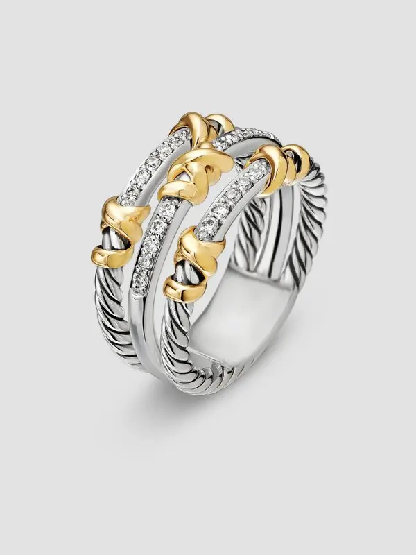 David Yurman Petite Helena Wrap Three Row Ring Sterling With 18k Yellow Gold And Diamonds