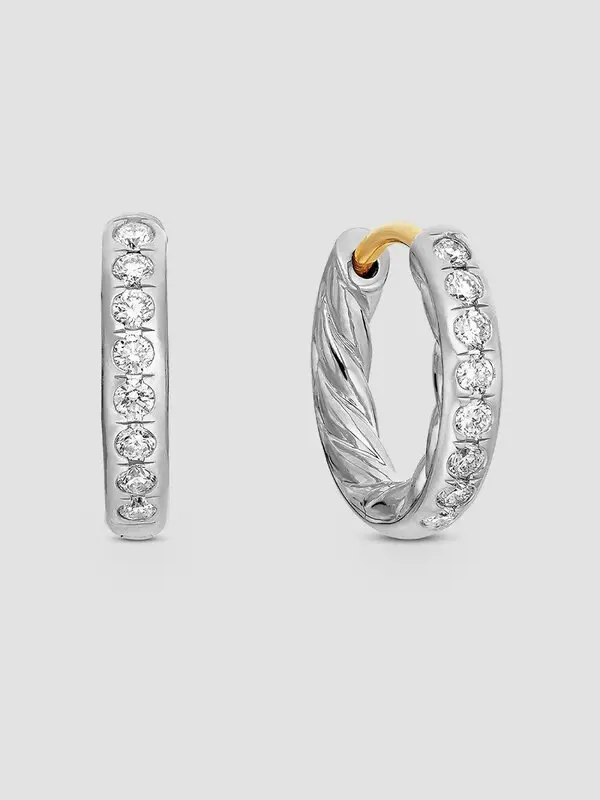 David Yurman Sculpted Cable Huggie Hoop Earrings In Sterling With Diamonds - Silver
