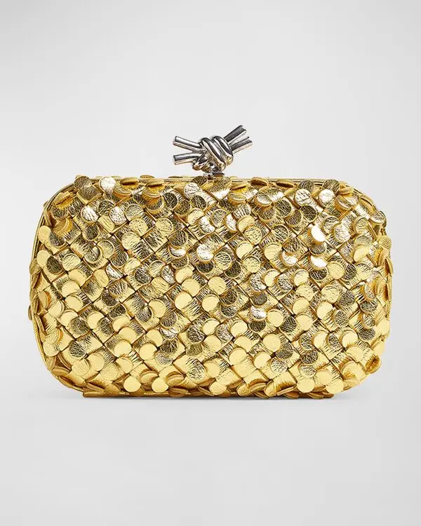 Bottega Veneta Intreccio Metallic Leather Clutch Bag Gold-Silver