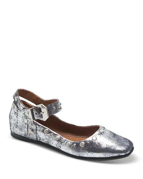 Free People Mystic Ankle Strap Mary Jane Studded Flats - Silver Distress