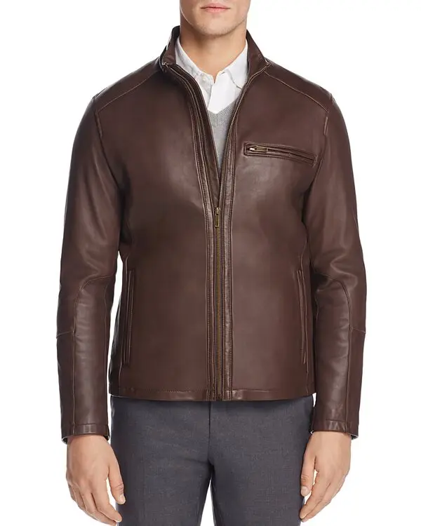 Cole Haan Streamlined Moto Leather Jacket - Java Brown