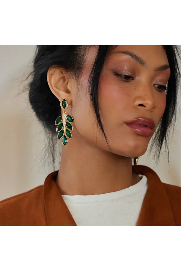 KENNETH JAY LANE Plated Emerald Leaf Drop Earrings