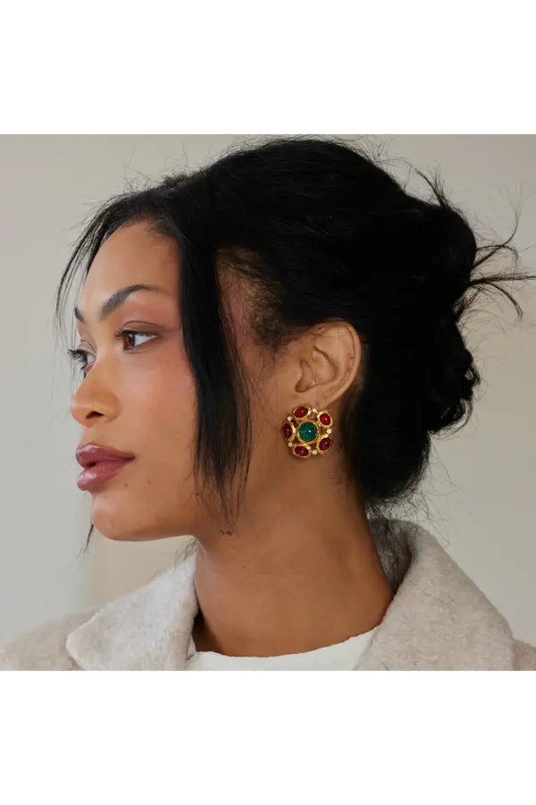 KENNETH JAY LANE Ruby And Emerald Cabochon Clip On Earrings