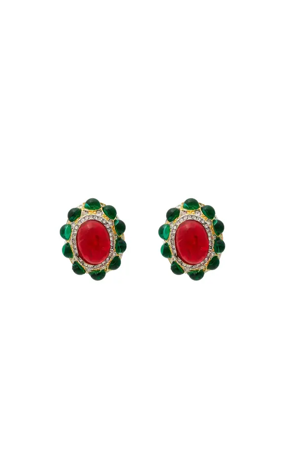 KENNETH JAY LANE Emerald & Ruby Oval Clip Earrings - Natural