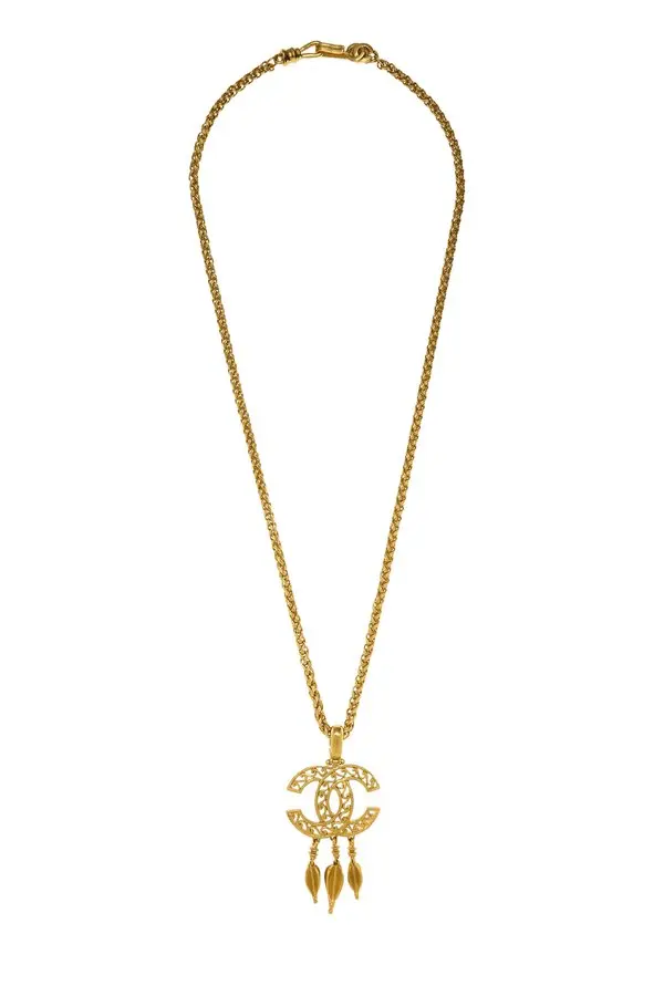 Chanel Cc Fretwork Dangle Necklace - Gold