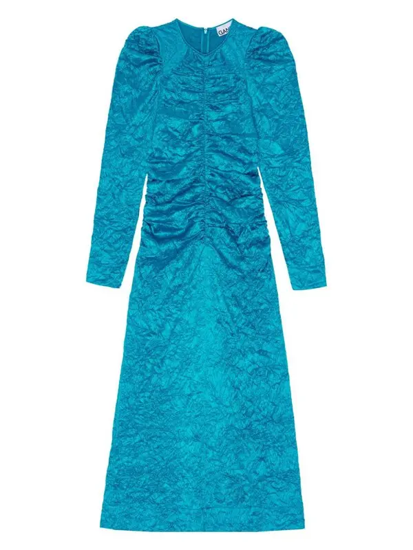 Ganni Crinkled Satin Midi Dress In Blue | Editorialist