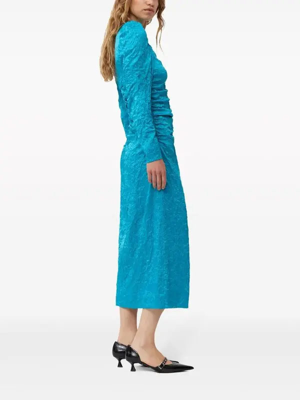 Ganni Crinkled Satin Midi Dress In Blue | Editorialist
