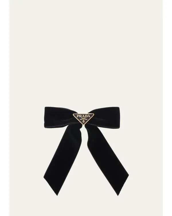 Prada Bow Triangle Logo Velvet Barrette - Nero