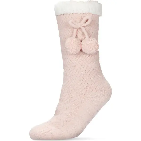 MEMOI Pompom Fleece Lined Slipper Socks - Pink