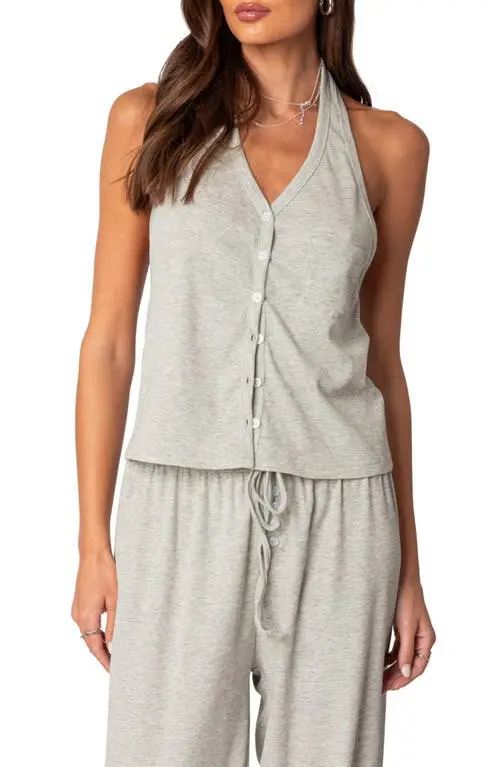 EDIKTED Rosanna Halter Neck Rib Pajama Top - Gray-melange