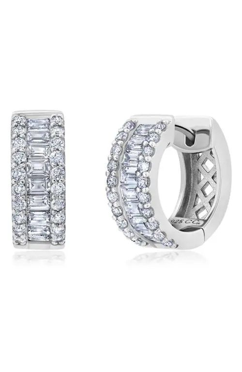 CRISLU Brilliant Round & Square Baguette Zirconia Huggie Hoop Earrings - Silver